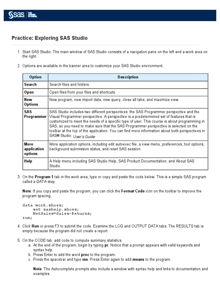 Practice: Exploring Sas Studio: Data Work - Shoes Set Sashelp - Shoes Netsales Sales-Returns Run ...