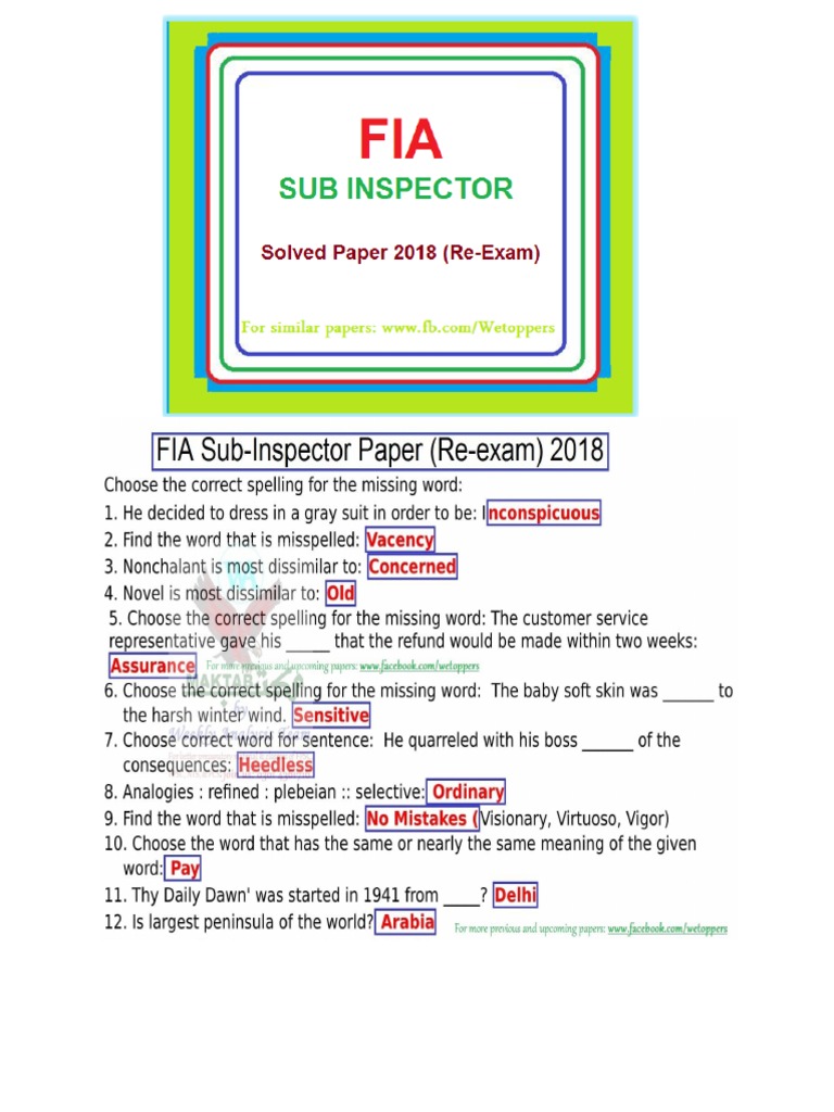 Sub Inspector FIA 2018 OTS | PDF