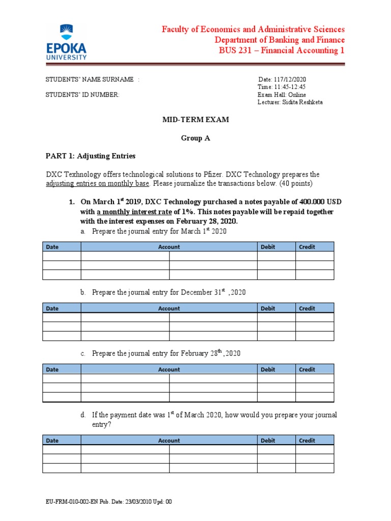 A-Financial Accounting - Midterm Exam Questions | PDF | Debits And ...