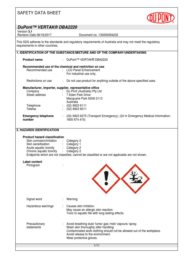Dupont™ Vertak® Dba2220: Safety Data Sheet | PDF | Toxicity | Personal ...