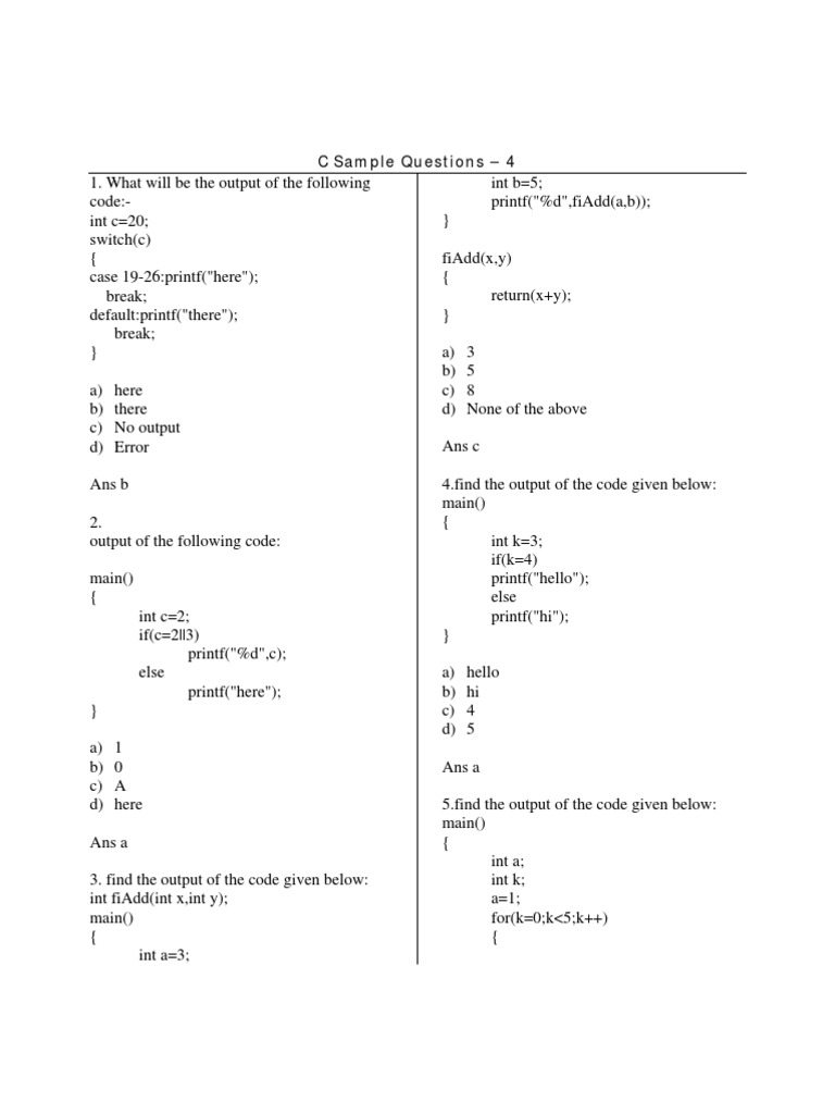 C Programming Output Questions | PDF | Computer Science | Digital ...
