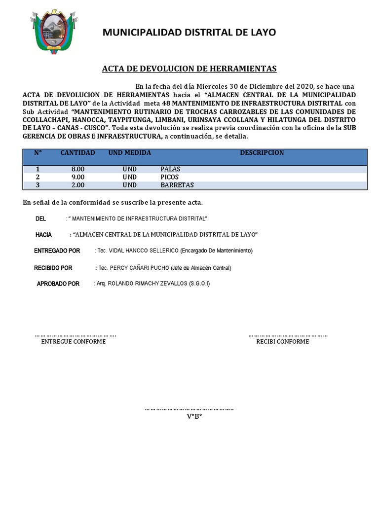 02 Acta de Devolucion de Herramientas | PDF