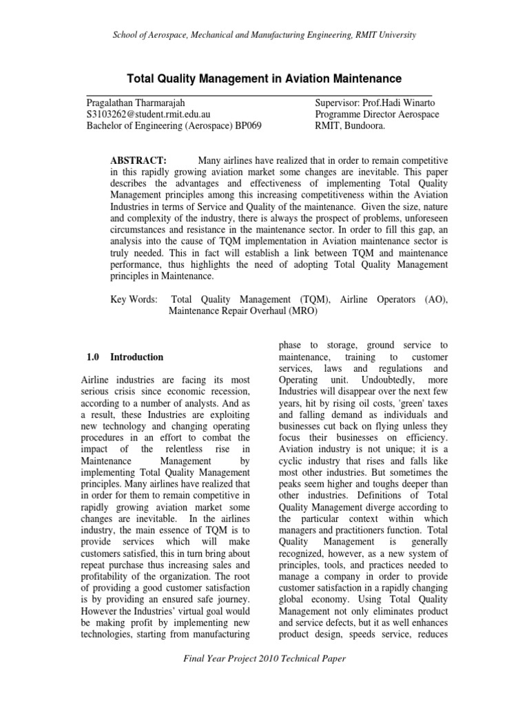 Total Quality Management in Aviation Maintenance | PDF | Quality ...