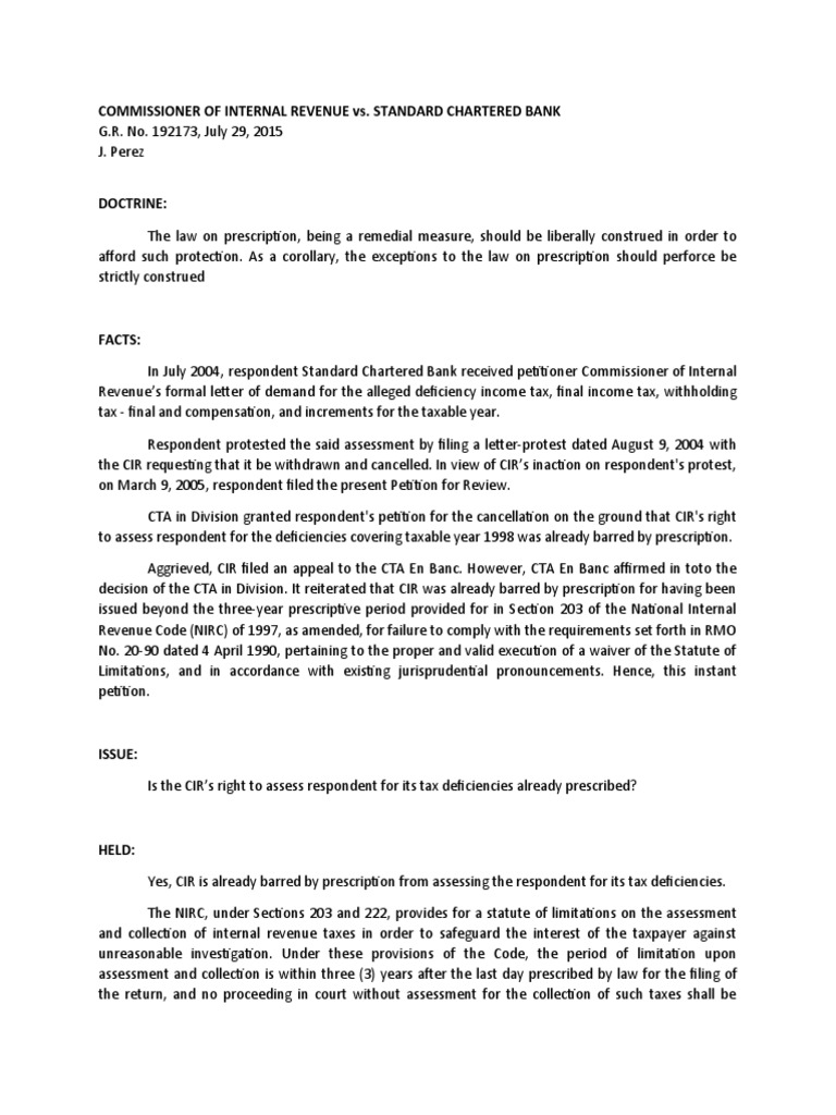 CIR vs. Standard Chartered Bank | PDF | Statute Of Limitations | Taxes
