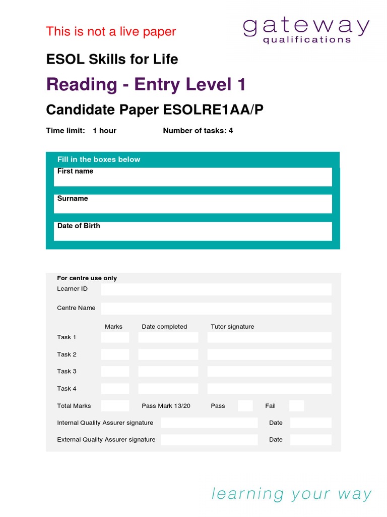 ESOL Level 1 Reading Exam Sample | PDF | English As A Second Or Foreign ...