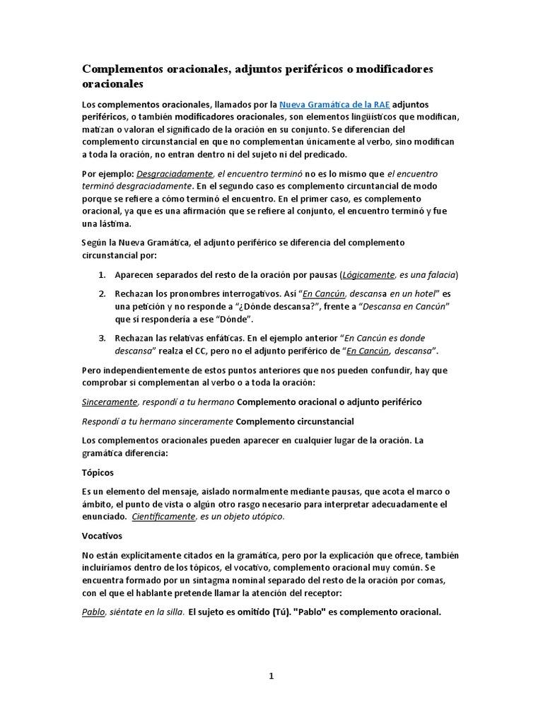 Complementos Oracionales, Adjuntos Periféricos o Modificadores Oracionales | PDF | Oración ...