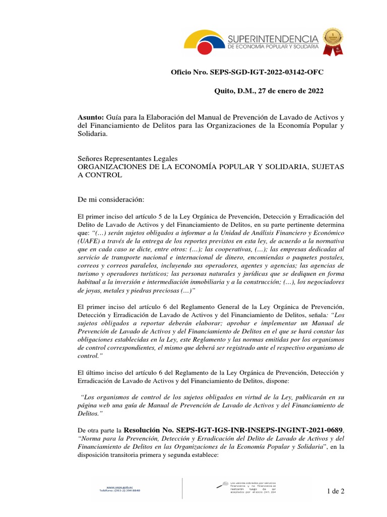 SEPS-SGD-IGT-2022-03142-OFC. Lavado de Activopdf | PDF | Lavado de dinero | Regulación