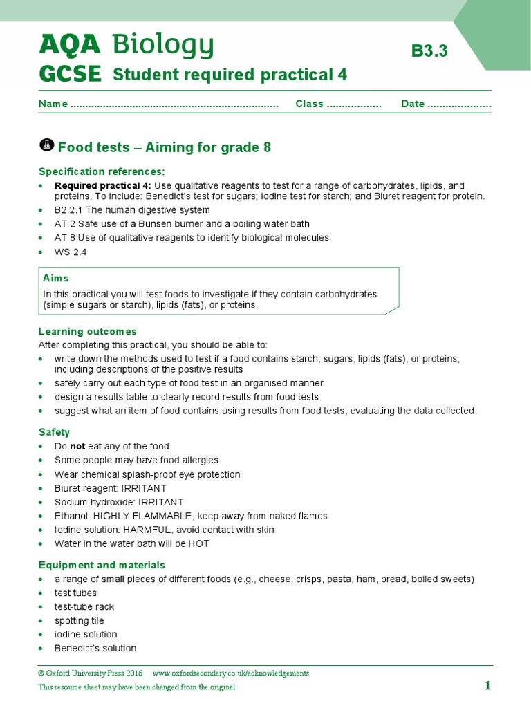Food Tests - Aiming For Grade 8 | PDF | Foods | Carbohydrates