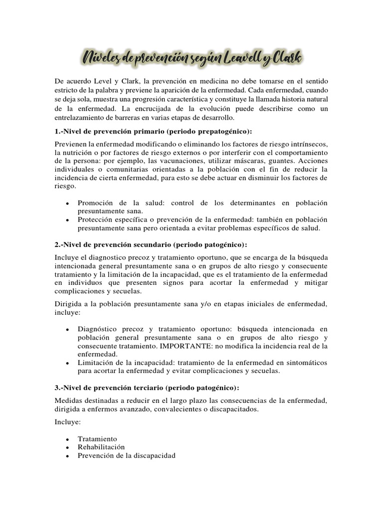 Niveles de Prevención según Leavell y Clark | PDF | Salud y bienestar ...