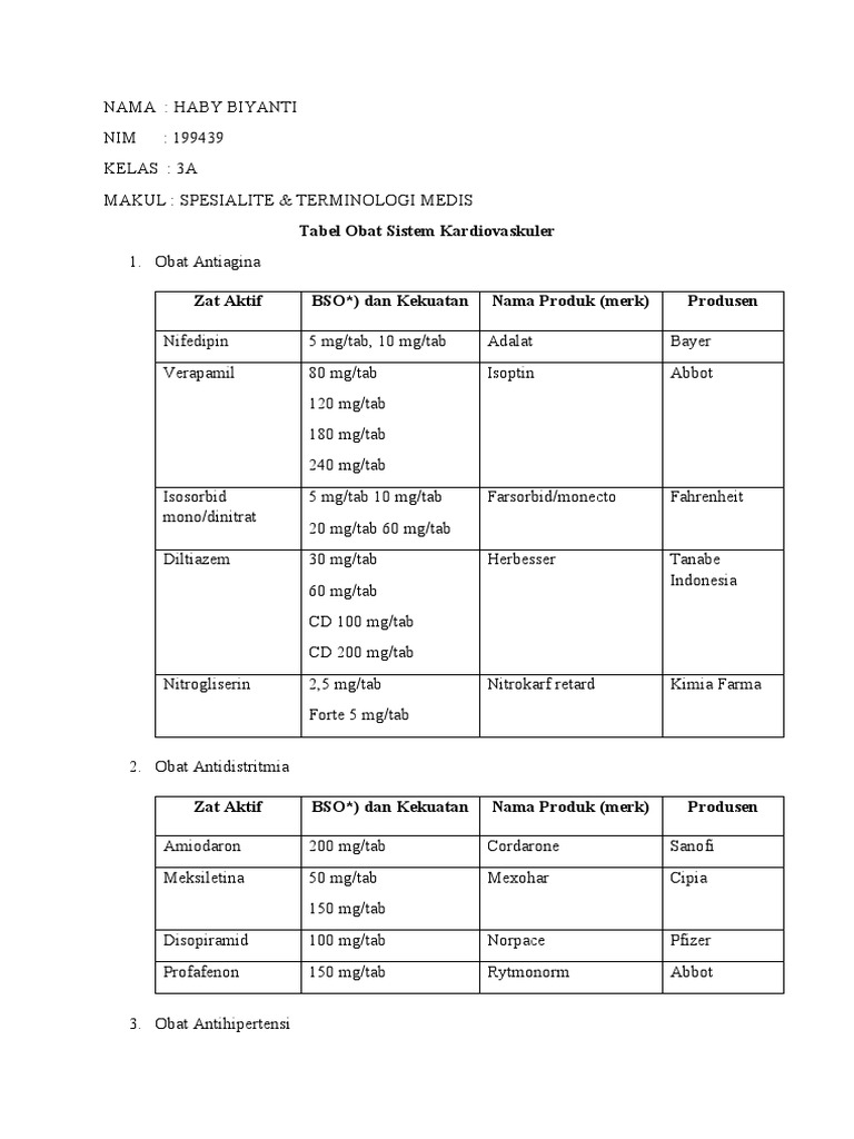 Klasifikasi Obat Kardiovaskuler dan Contohnya | PDF