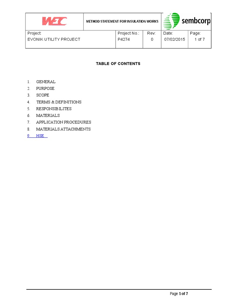 Insulation Method Statement for Evonik Project | PDF | Materials ...