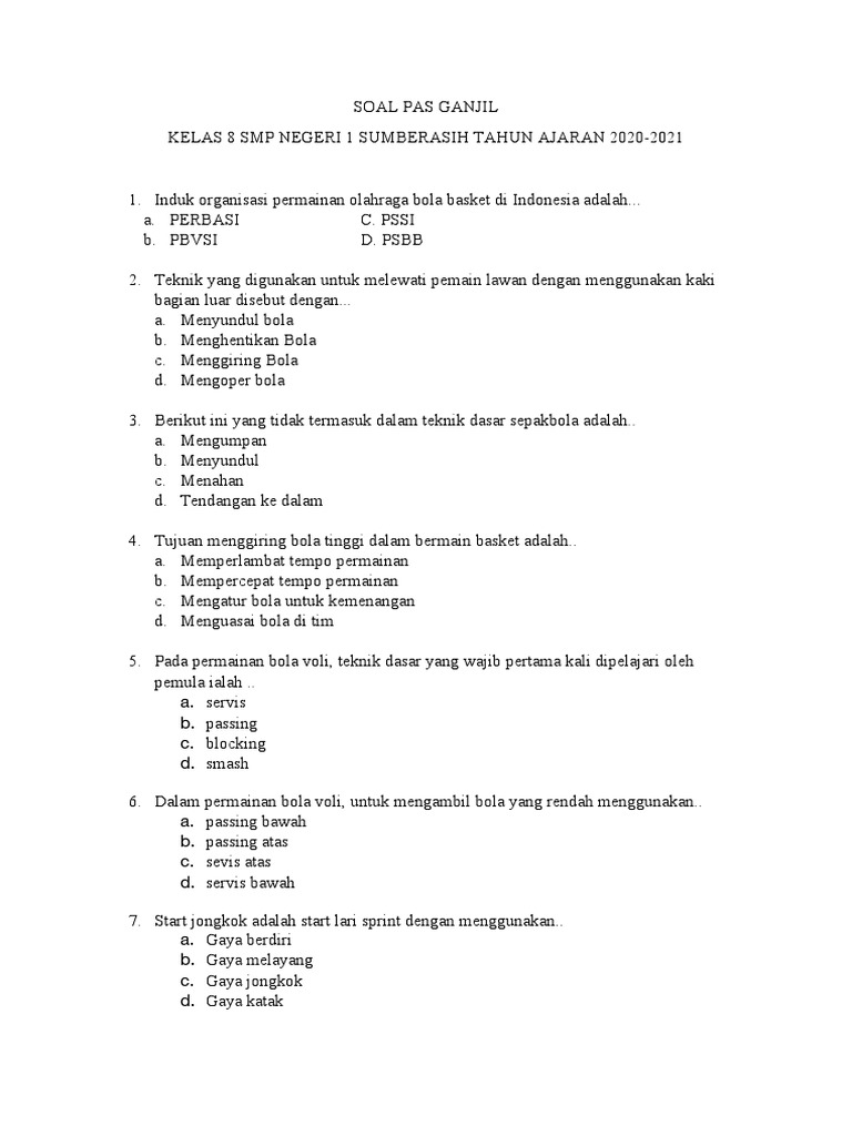 Soal Pas Ganjil Pjok Kelas 8 | PDF