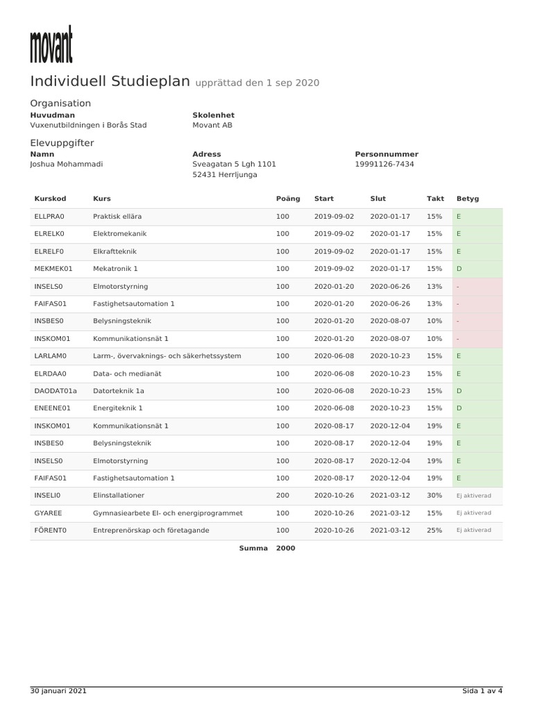 Individuell Studieplan: Organisation | PDF