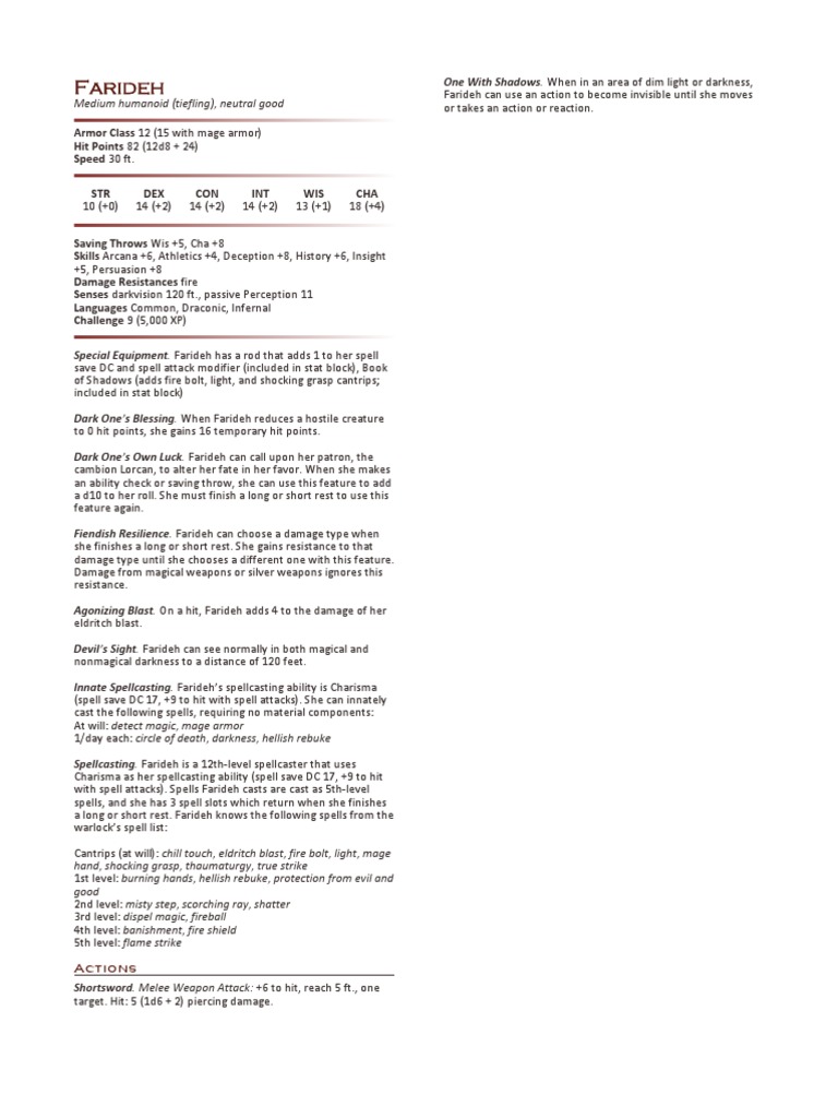 Farideh: Medium Humanoid (Tiefling), Neutral Good | PDF | Dungeons ...