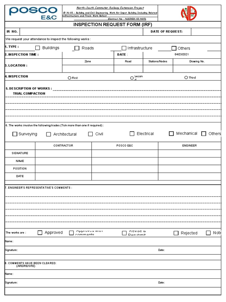 Inspection Request Form (Irf) : Buildings Roads Infrastructure Others ...
