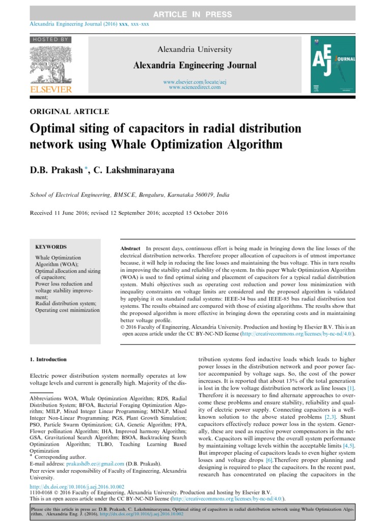 Optimal Siting Of Capacitors In Radial Distribution Network Using Whale Optimization Algorithm