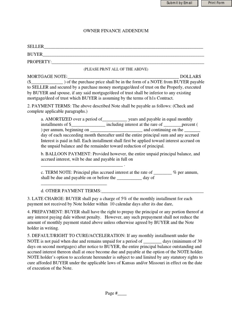 Owner Financing Addendum: Key Terms for a Seller-Financed Real Estate ...