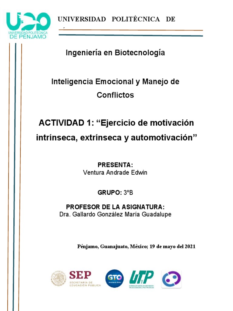 ACTIVIDAD 1 - Ejercicio de Motivación Intrínseca, Extrínseca y Automotivación - VAE 2B | PDF ...