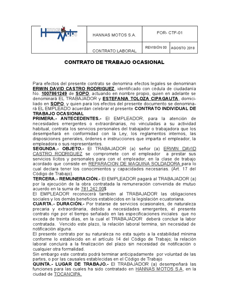 Contrato Ocasional de Trabajo | PDF | Derecho laboral | Gobierno