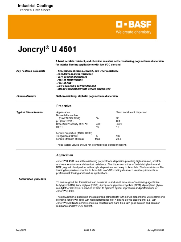 TDS Joncryl U 4501 | PDF | Polyurethane | Water