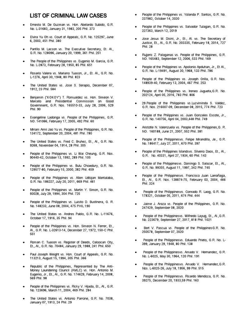 List of Criminal Law Cases | PDF | Philippines