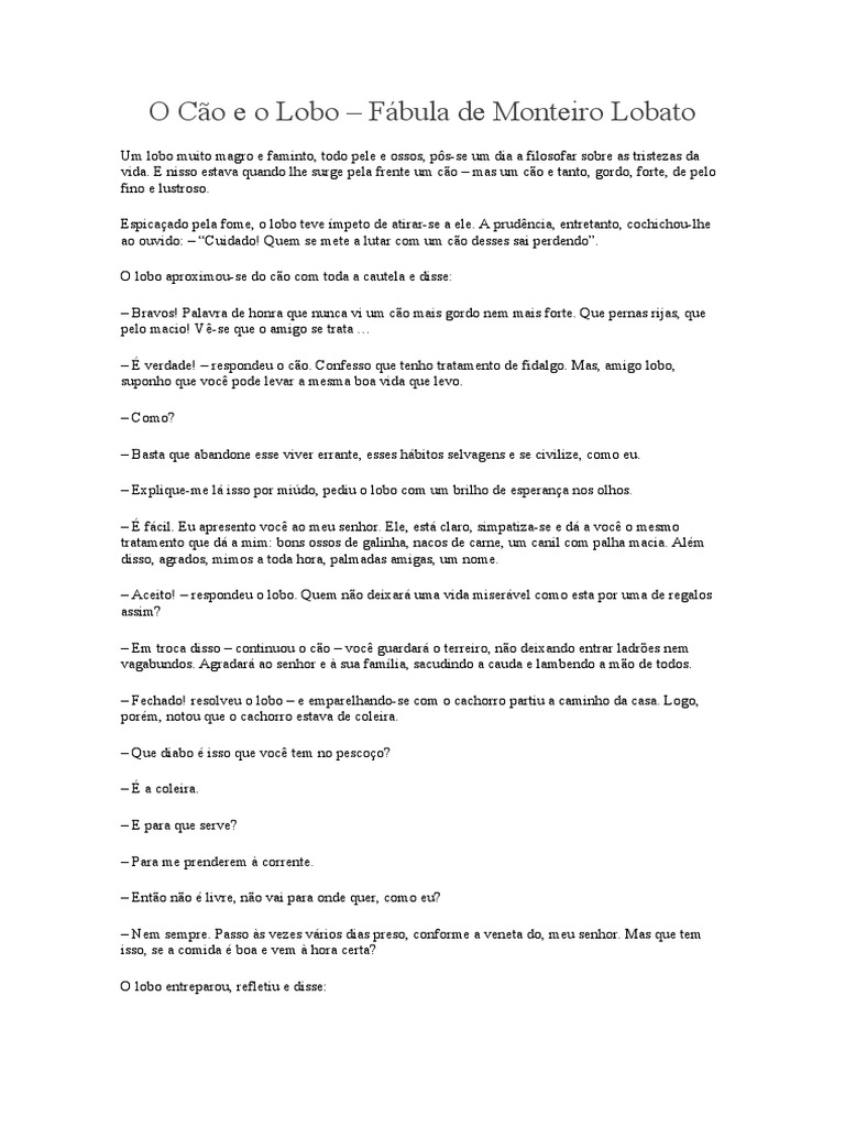 O Cão e o Lobo - Fábula de Monteiro Lobato - Atividades | PDF | Cães