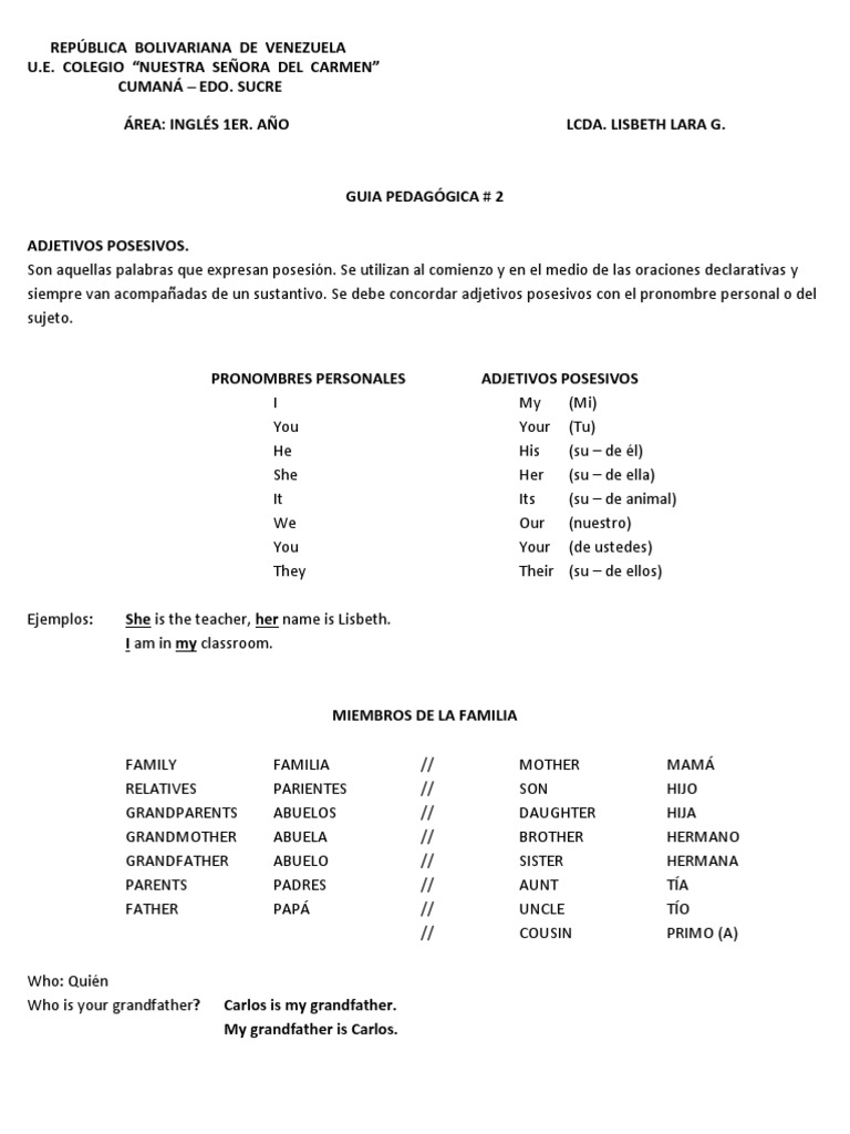 Adjetivos posesivos y miembros de la familia | PDF | Adjetivo | Ciencia ...