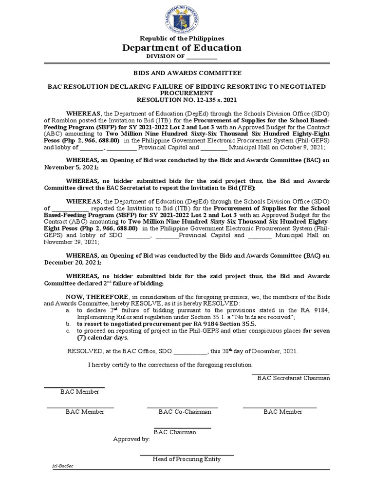 BAC Resolution Sample Declaring Failure of Bidding | PDF | Government