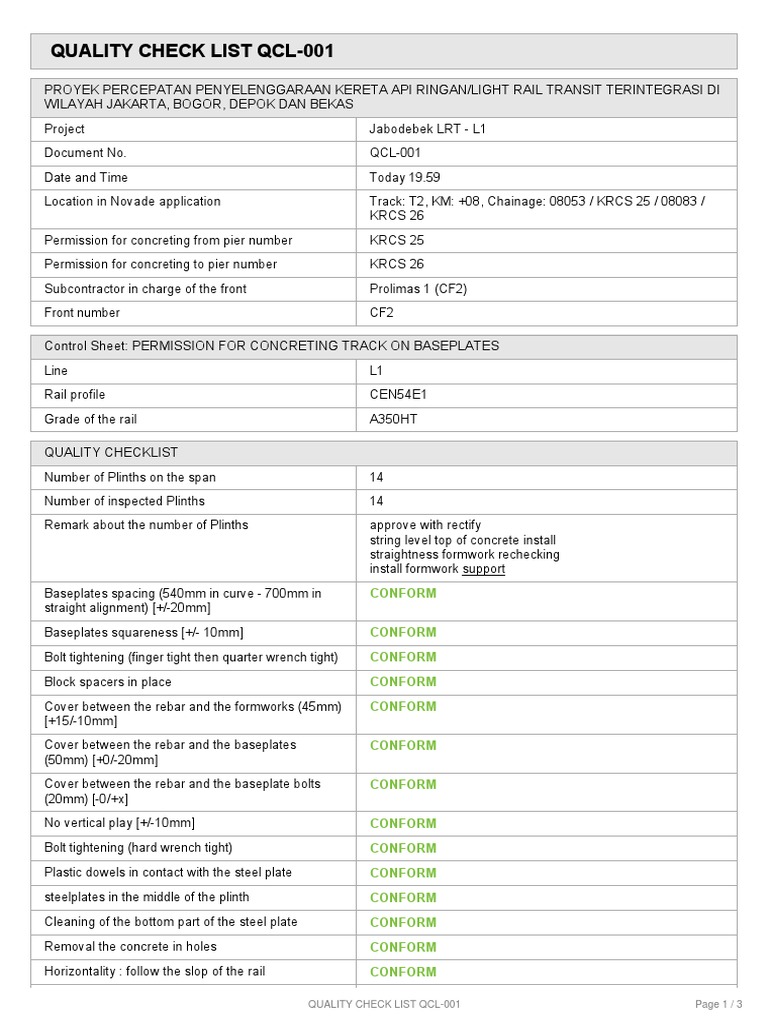 Quality Check List Qcl-001: Conform | PDF | Structural Engineering ...