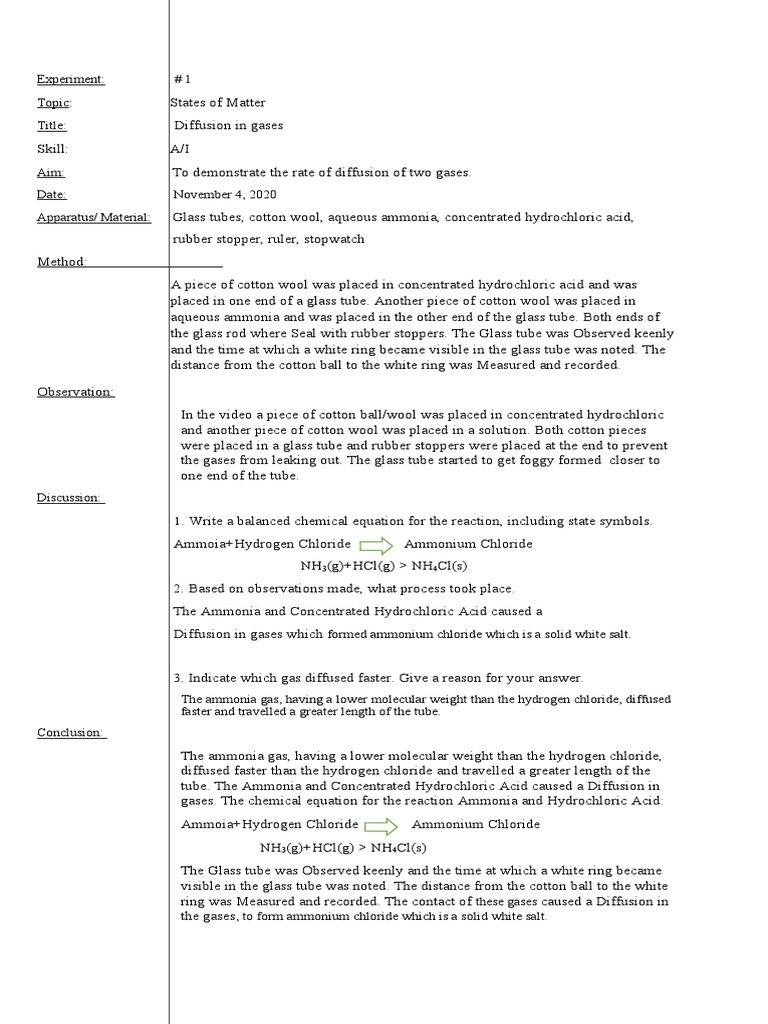 LAB #1-Diffusion in Gases | PDF | Ammonia | Acid
