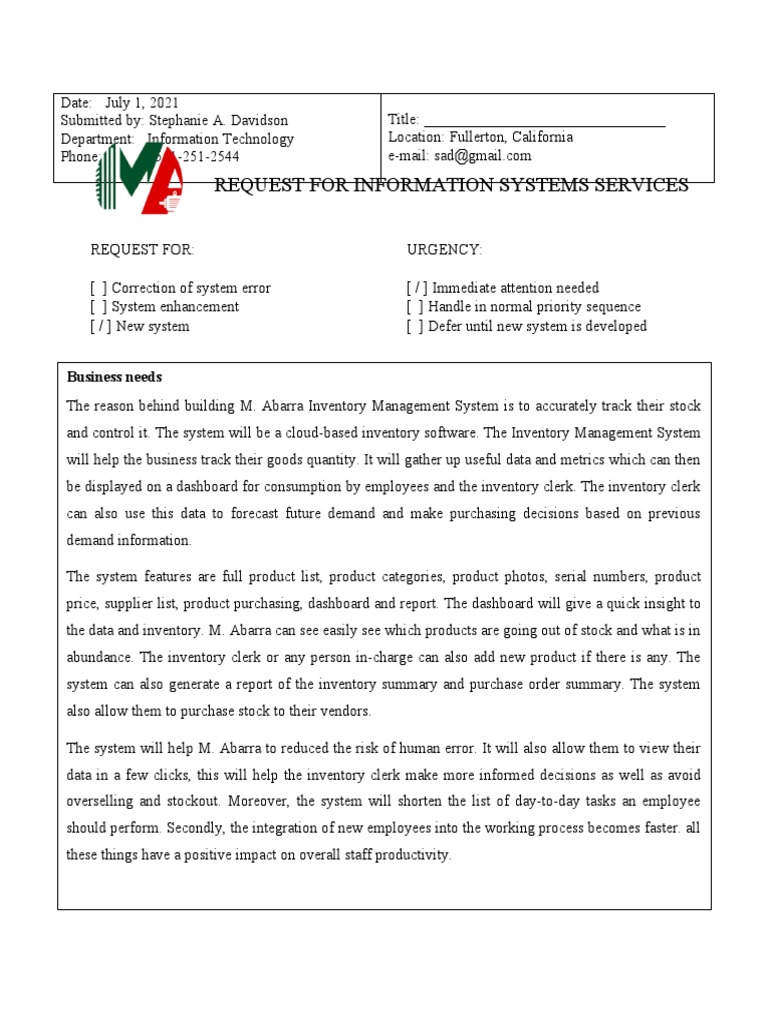 Request For Information Systems Services: Business Needs | PDF ...