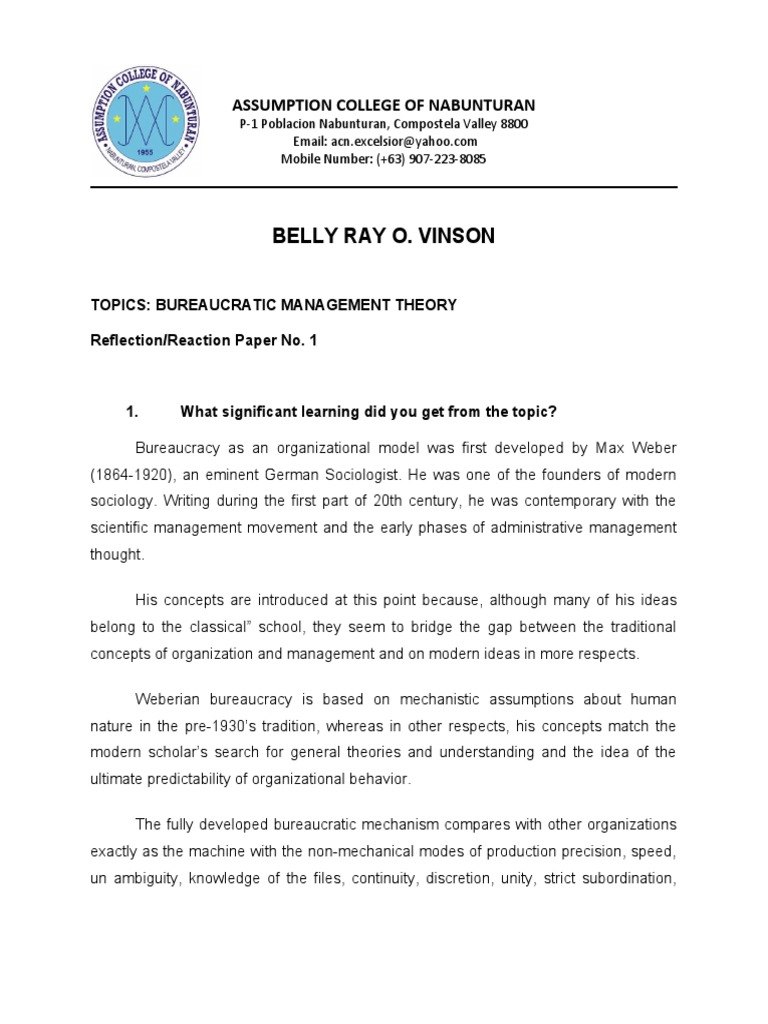 Educ 204 Reflection Reaction Paper 2 | PDF | Bureaucracy | Max Weber