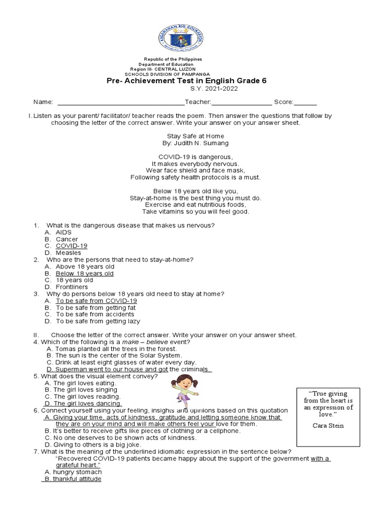 Grade 6 Pre-Achievement Test: English | PDF | Adverb | Linguistics