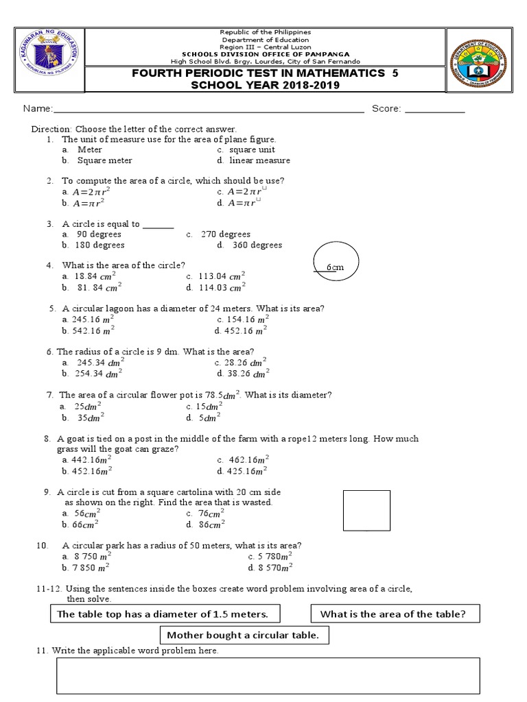 Grade 5 - Fourth Grading Periodic Test in Mathematics | PDF | Volume | Area