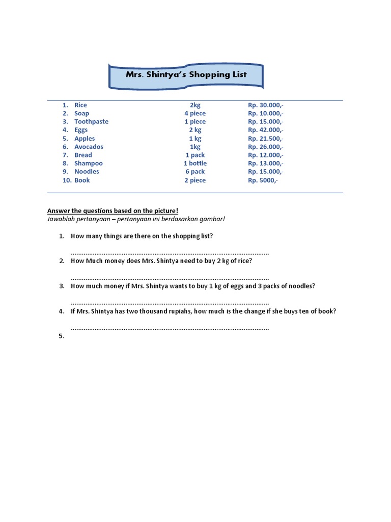 Shopping List and Cost Questions | PDF | Cooking, Food & Wine | Home ...