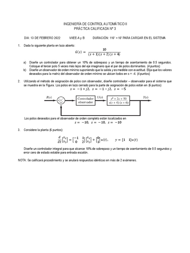 Practica Calificada 3 de Control Automatico | PDF