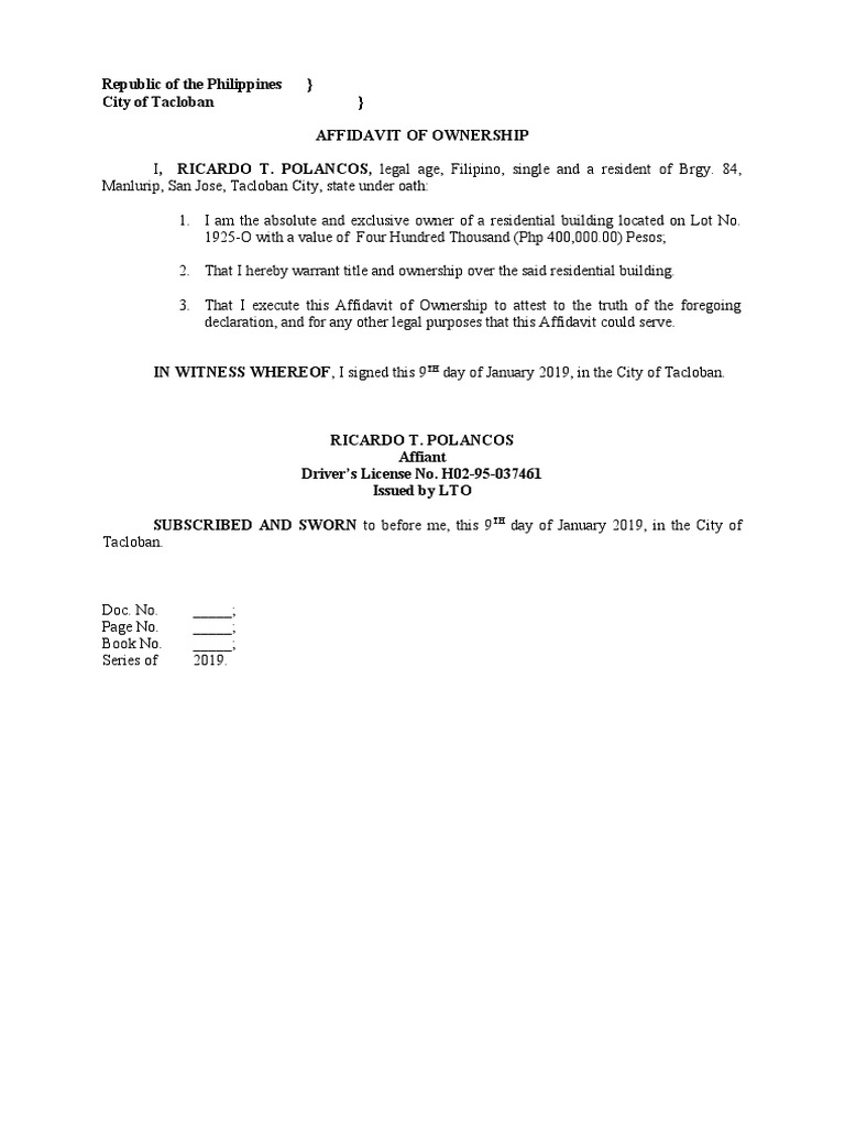 Affidavit of Ownership (Building) | PDF