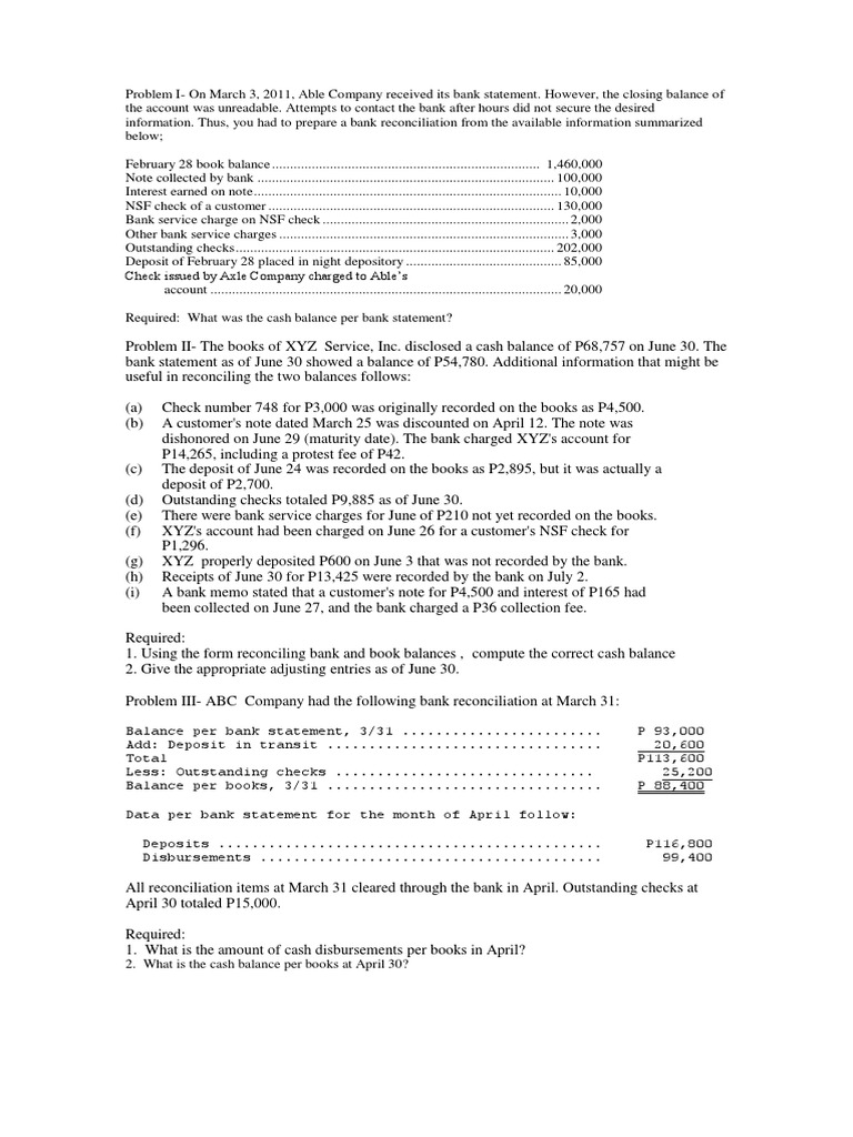 Quiz, Bank Reconciliation (Problems) | PDF | Banks | Fee