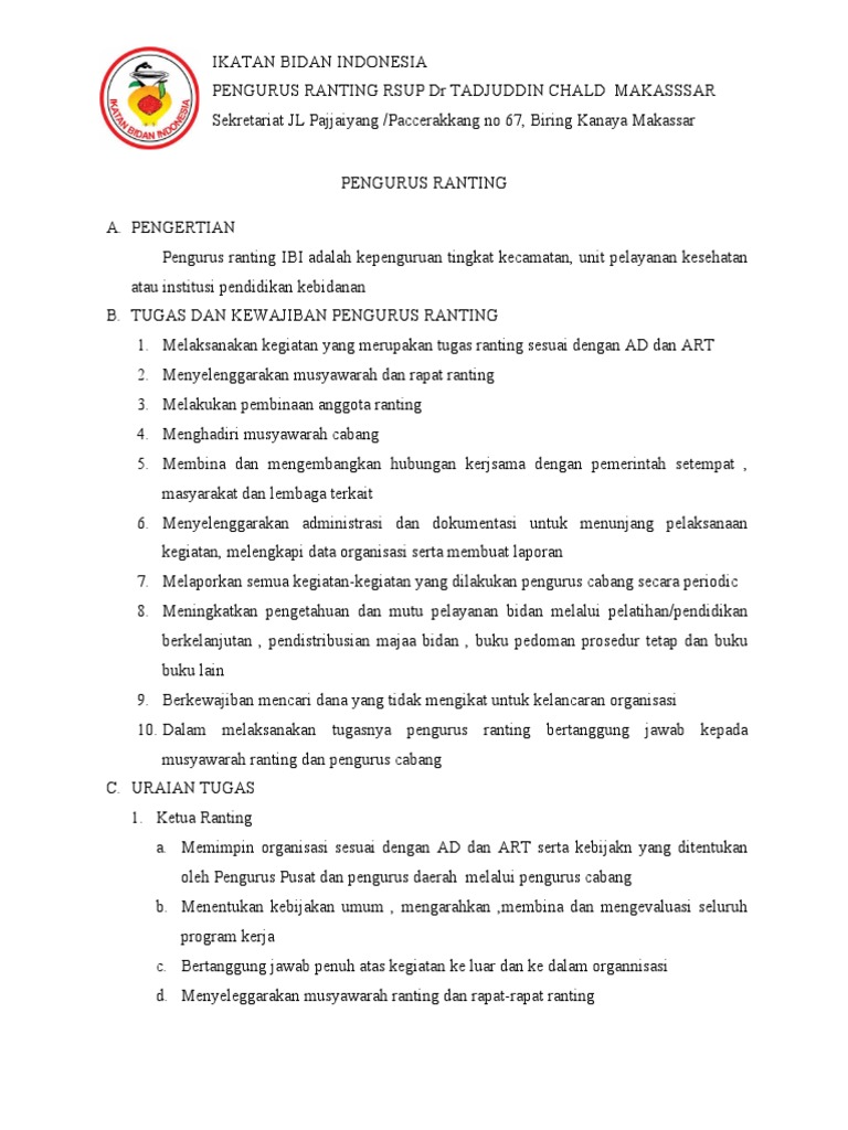 Visi Misi dan Tugas Pengurus IBI Ranting | PDF | Kesehatan Holistik