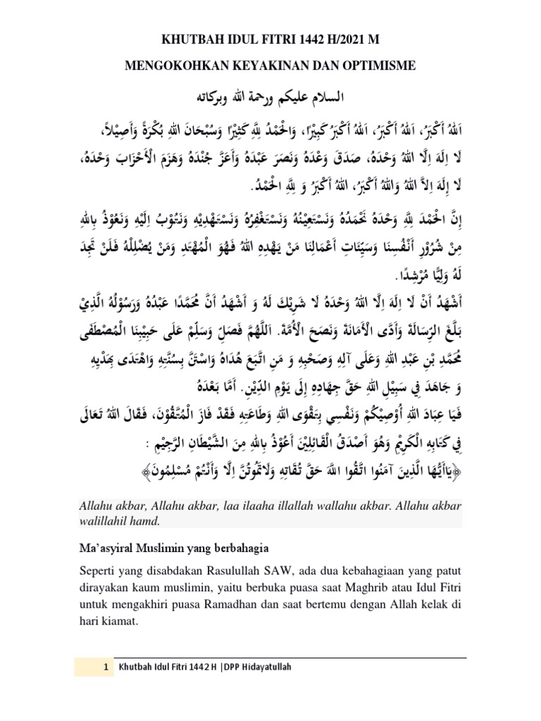 Khutbah Idul Fitri 1442 H DPP Hidayatullah | PDF