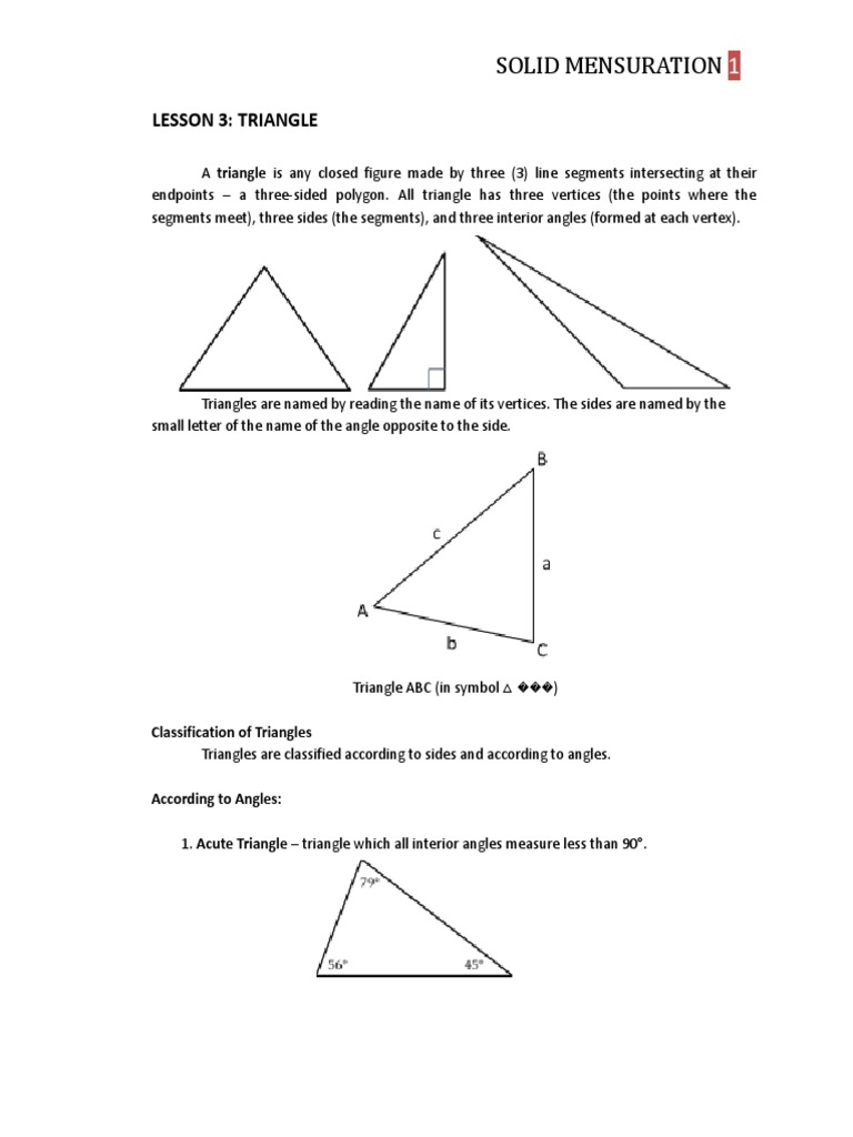 Solid Mensuration UNIT 1 - Lesson 3 (Triangles) | PDF | Triangle | Area