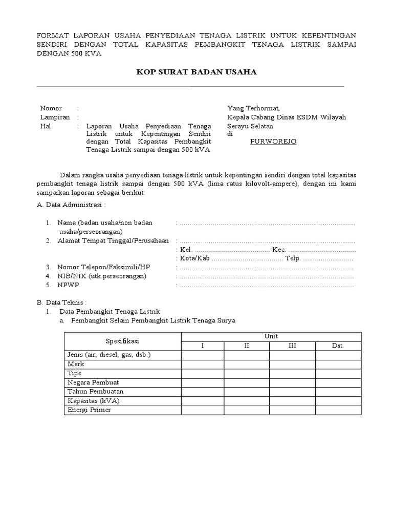 Form Laporan Pemakaian Genset S.D 500 KVA | PDF