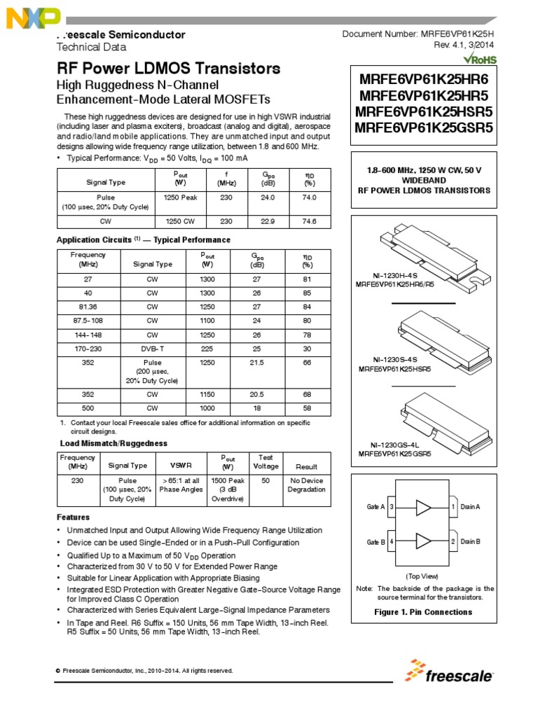 RF Power LDMOS Transistors: MRFE6VP61K25HR6 MRFE6VP61K25HR5 MRFE6VP61K25HSR5 MRFE6VP61K25GSR5 ...