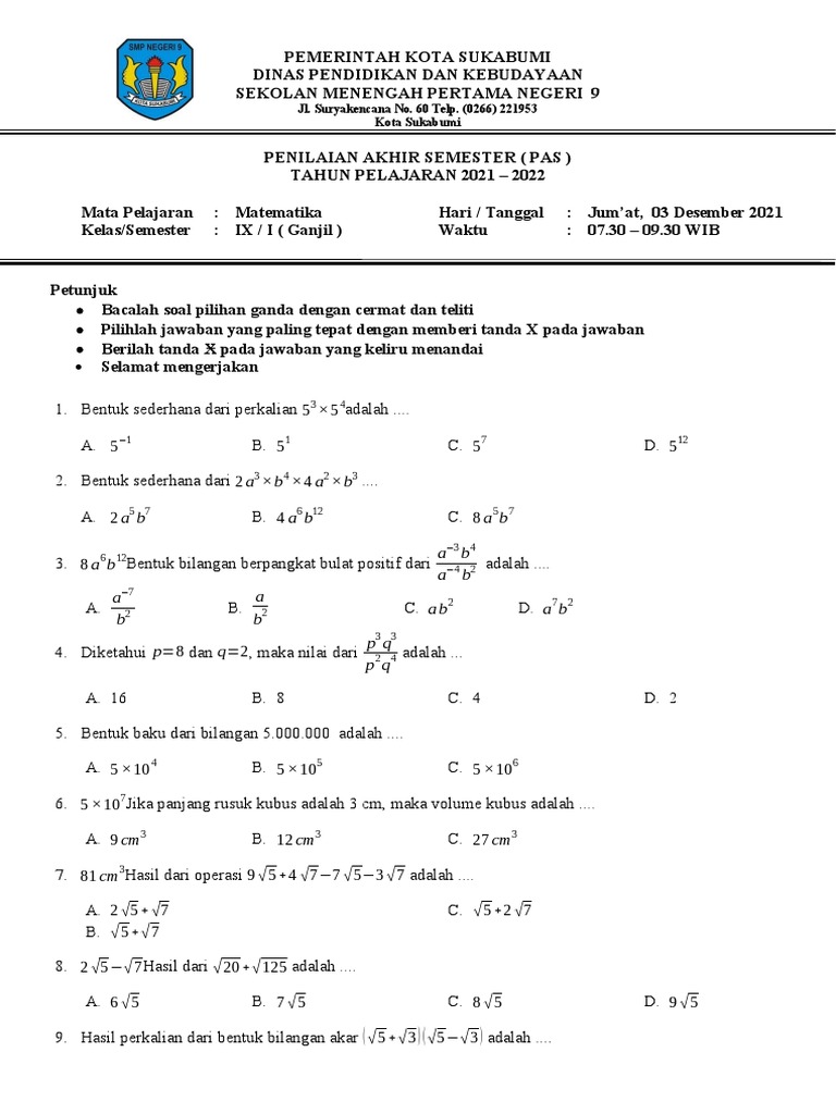 Soal PAS 9 MTK Semester Ganjil | PDF