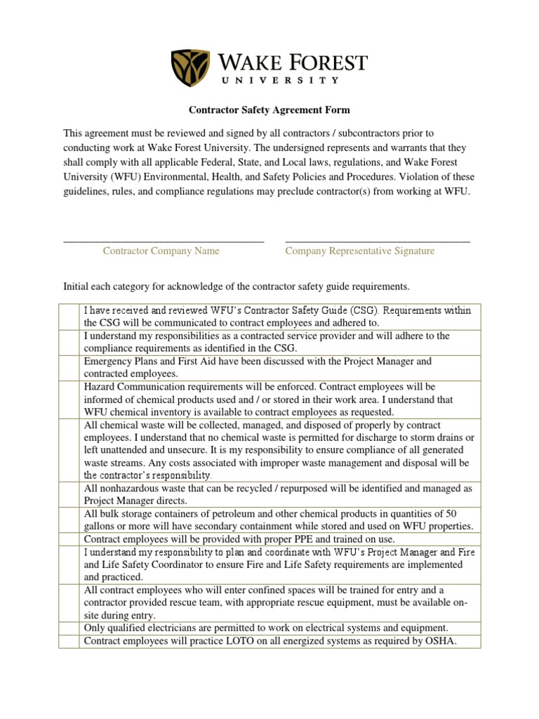 Contractor Safety Agreement Form | PDF | Occupational Safety And Health ...