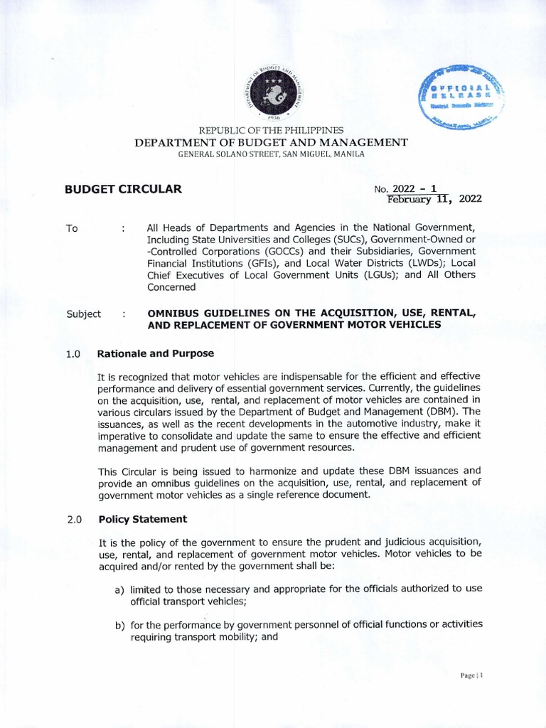 DBM Budget Circular No. 2022-1 - Omnibus Guidelines On The Acquisition ...
