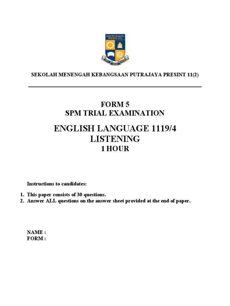 English Language 1119/4 Listening: - Form 5 SPM Trial Examination | PDF