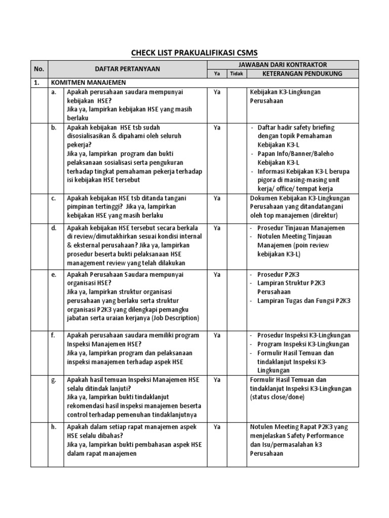Check List Prakualifikasi CSMS (Interpretasi) | PDF