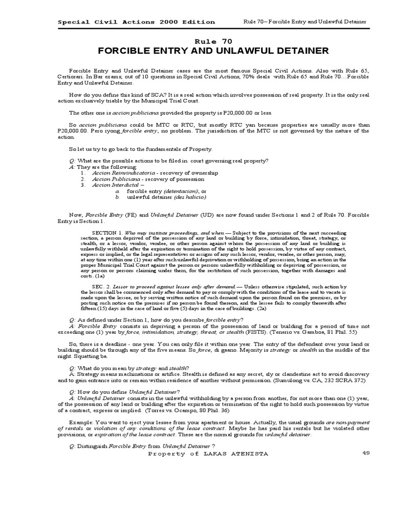 Forcible Entry and Unlawful Detainer: Rule 70 | PDF | Lease | Complaint
