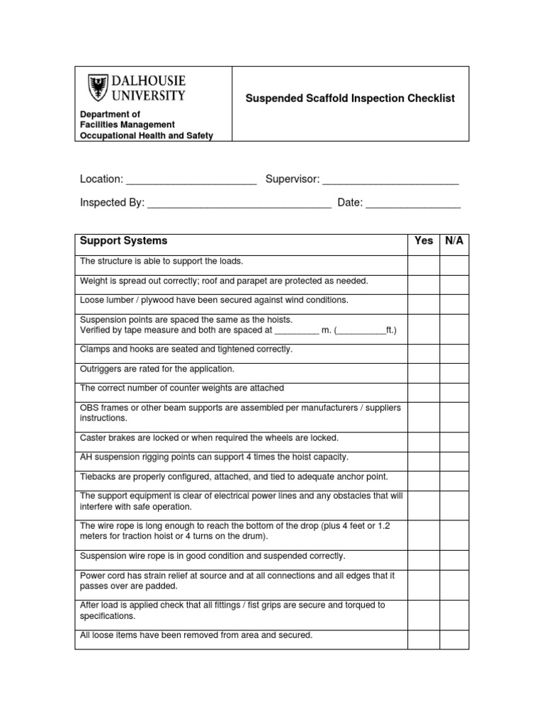 Suspended Scaffold Inspection Checklist | PDF | Scaffolding | Rope